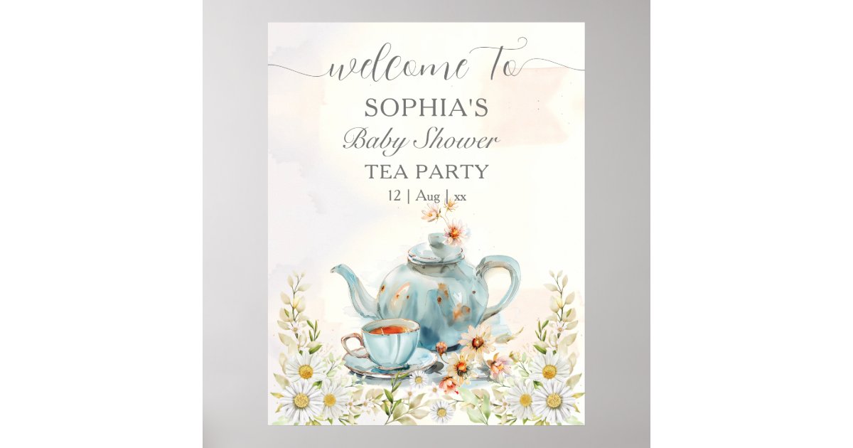 Tea Party Watercolor Teapot Boy Baby Shower Poster | Zazzle