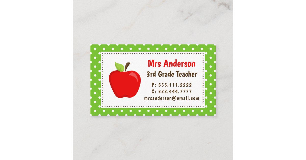 Teacher Apple Green Polka Dots Business Card | Zazzle