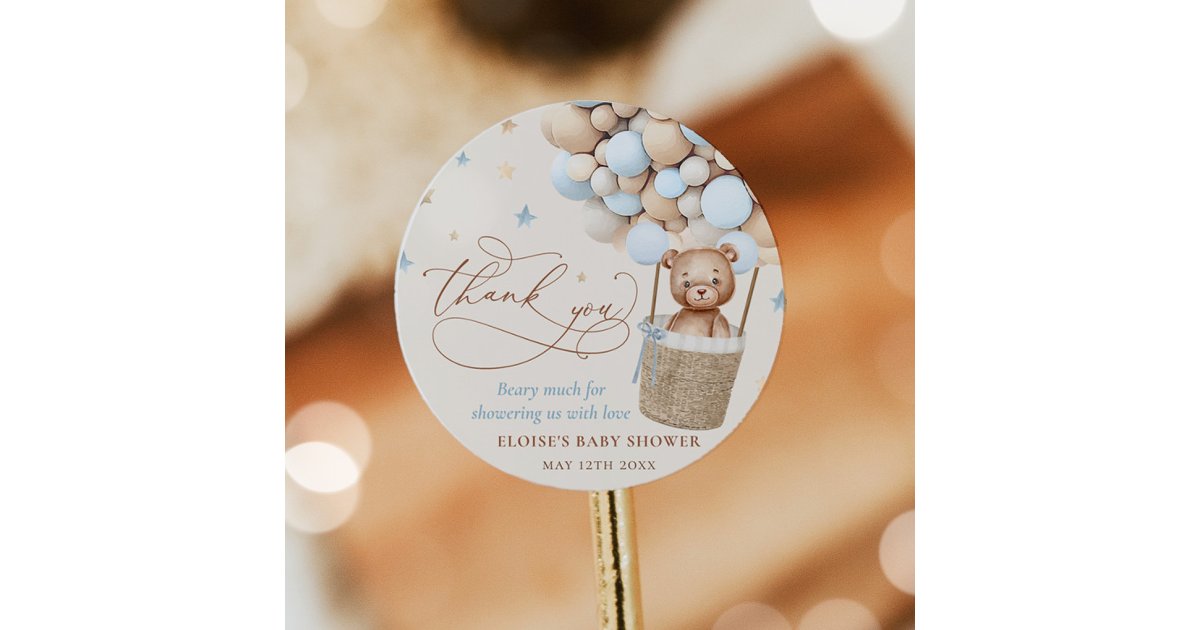 Teddy Bear Balloon Bearly Wait Baby Shower Favour Classic Round Sticker ...