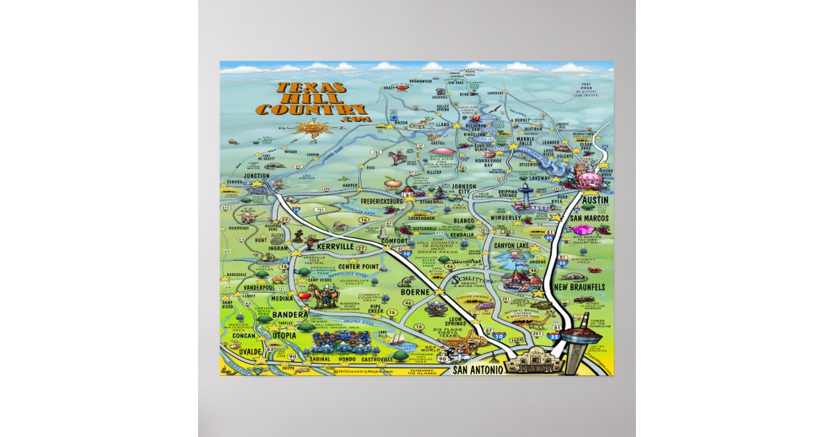 Texas Hill Country Cartoon Map Poster | Zazzle