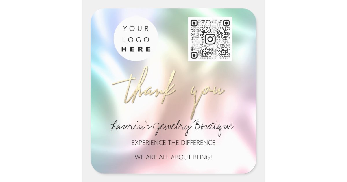 Thank Logo QrCode Online Shop Pink Holographic Square Sticker | Zazzle