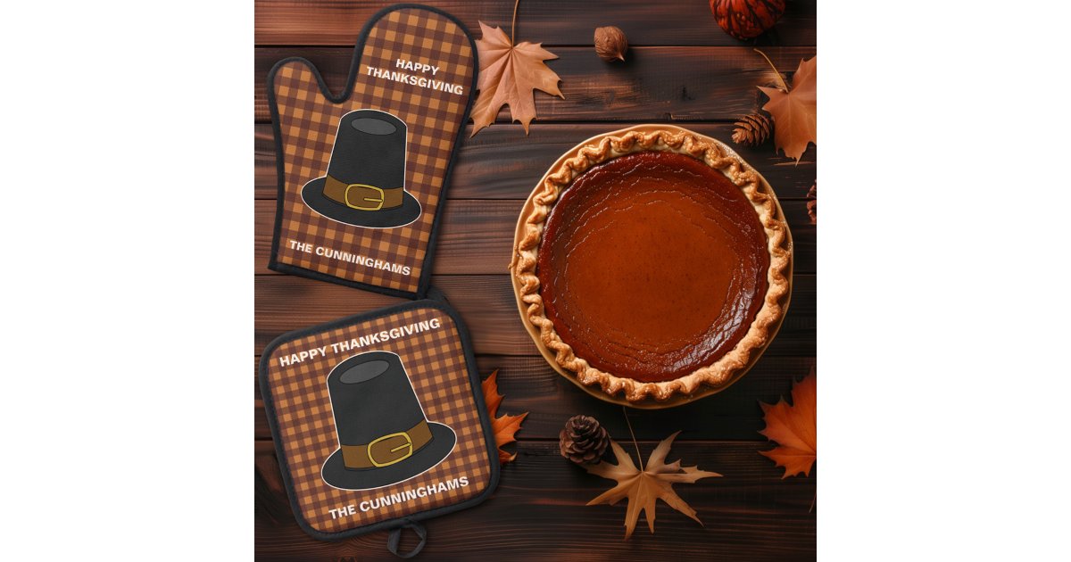 Thanksgiving Pilgrim Hat On Tan And Brown Plaid Oven Mitt And Pot Holder