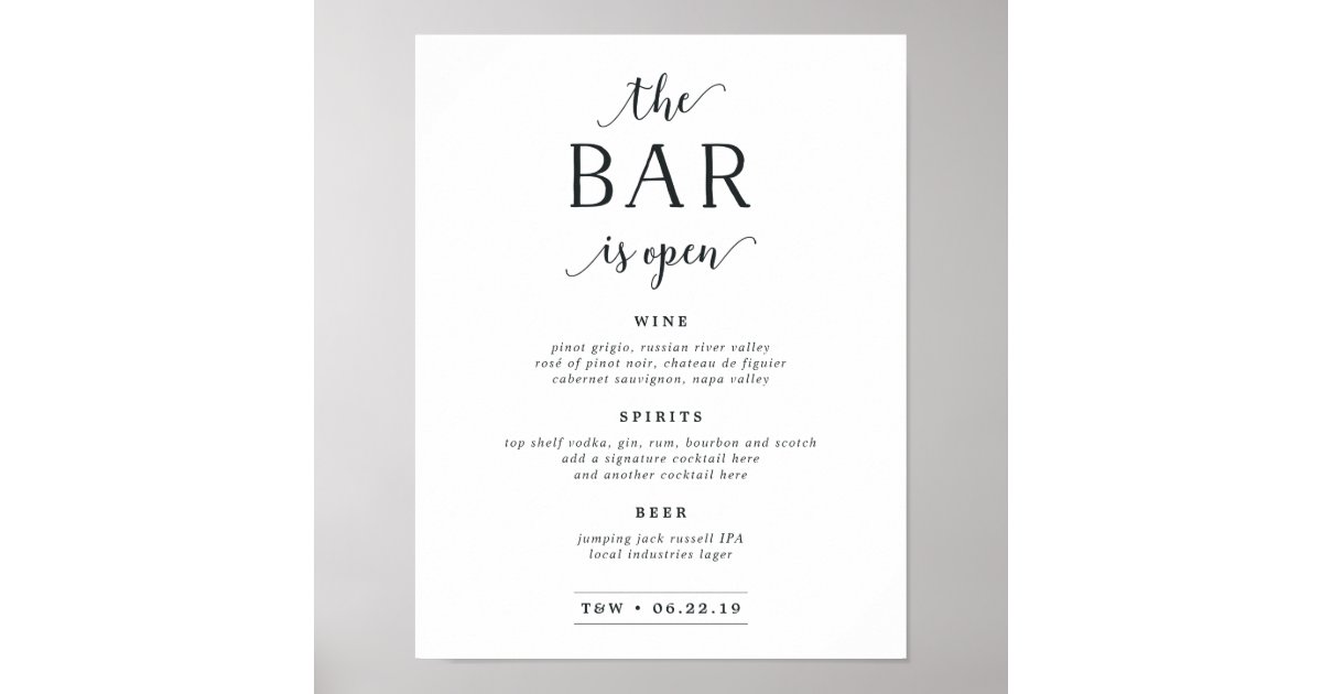 The Bar Is Open | Wedding Bar Menu Sign | Zazzle.ca