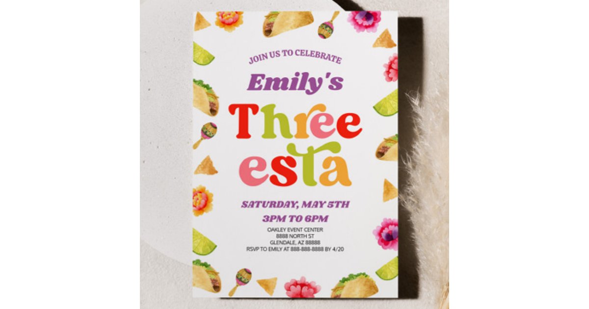 Three Esta Fiesta Taco 3rd Third Birthday Party Invitation | Zazzle