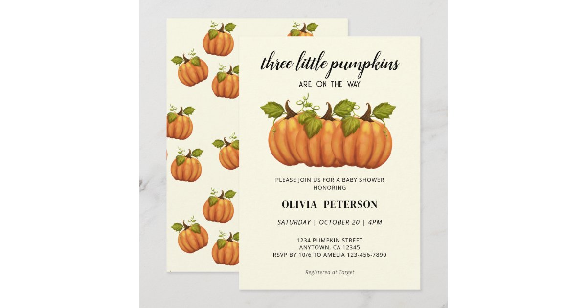Three Little Pumpkins Triplets Fall Baby Shower Invitation | Zazzle