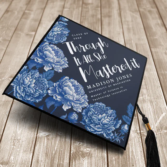 Toile De Jouy Bue Peony She Mastered It Graduation Cap Topper | Zazzle