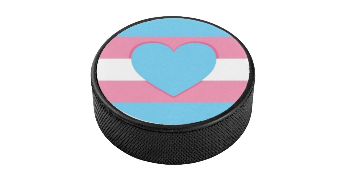 trans flag and heart hockey puck | Zazzle