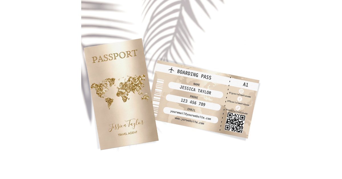 Travel Agent Passport World Map Boarding Pass Business Card | Zazzle