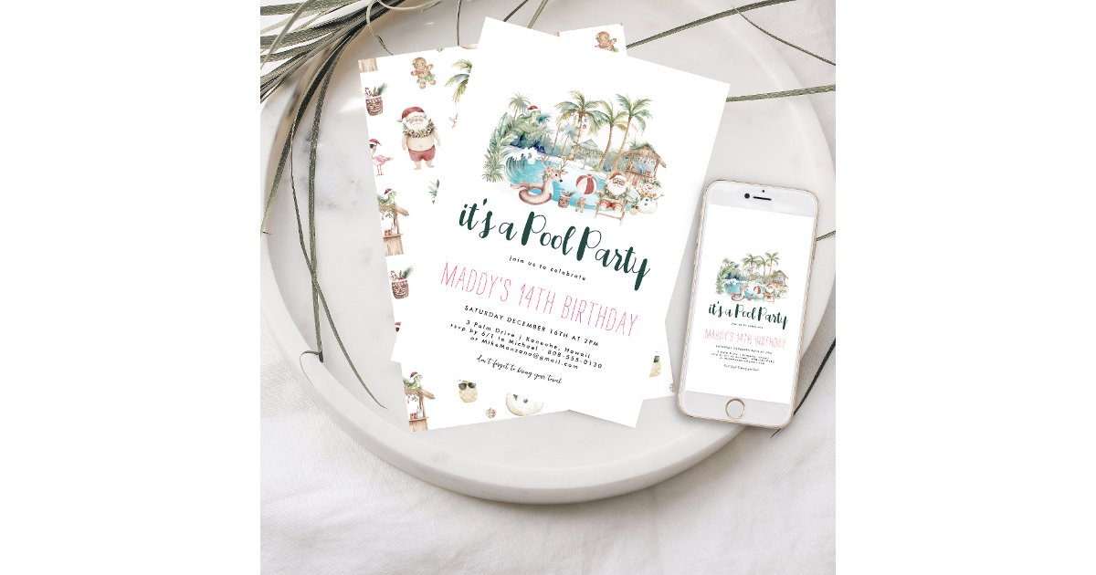 Tropical Christmas Pool Party Birthday Invitation | Zazzle
