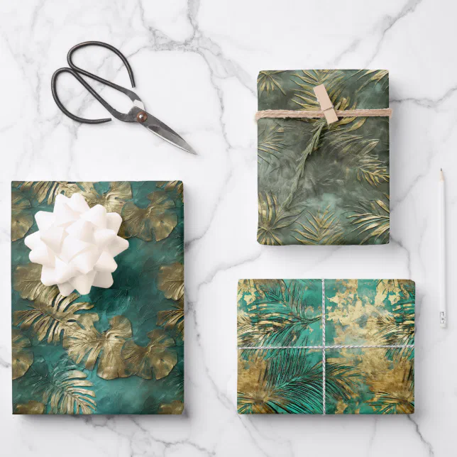 Tropical Gold Emerald Green Leaves Wrapping Paper Sheet | Zazzle