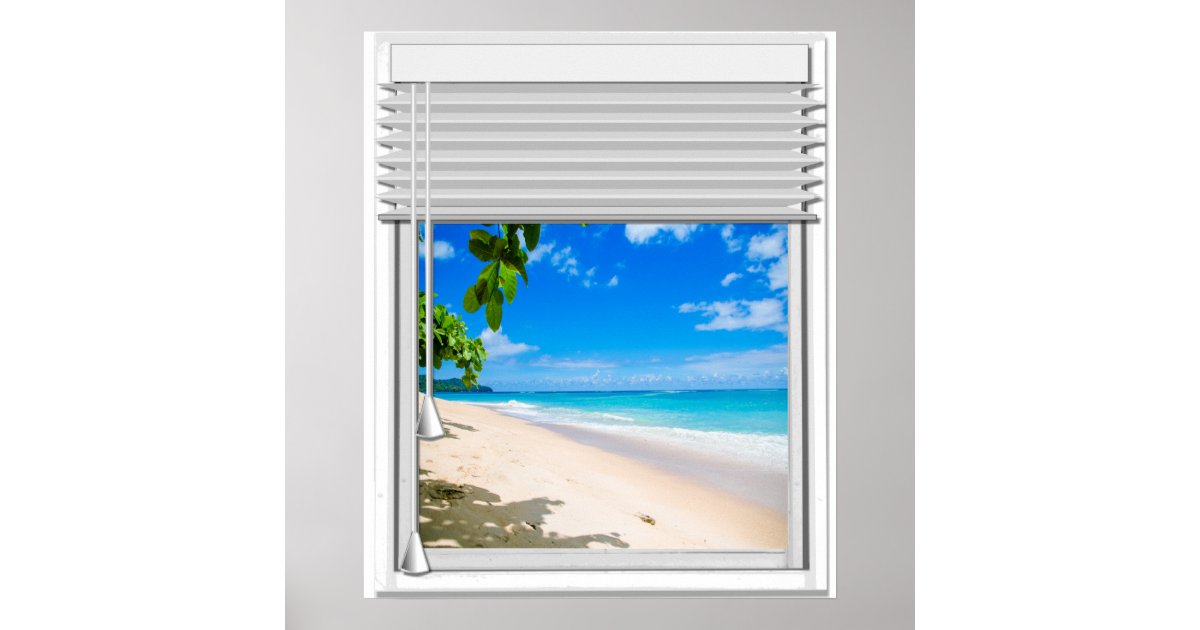 Tropical Ocean View Faux Window With Blinds Poster | Zazzle