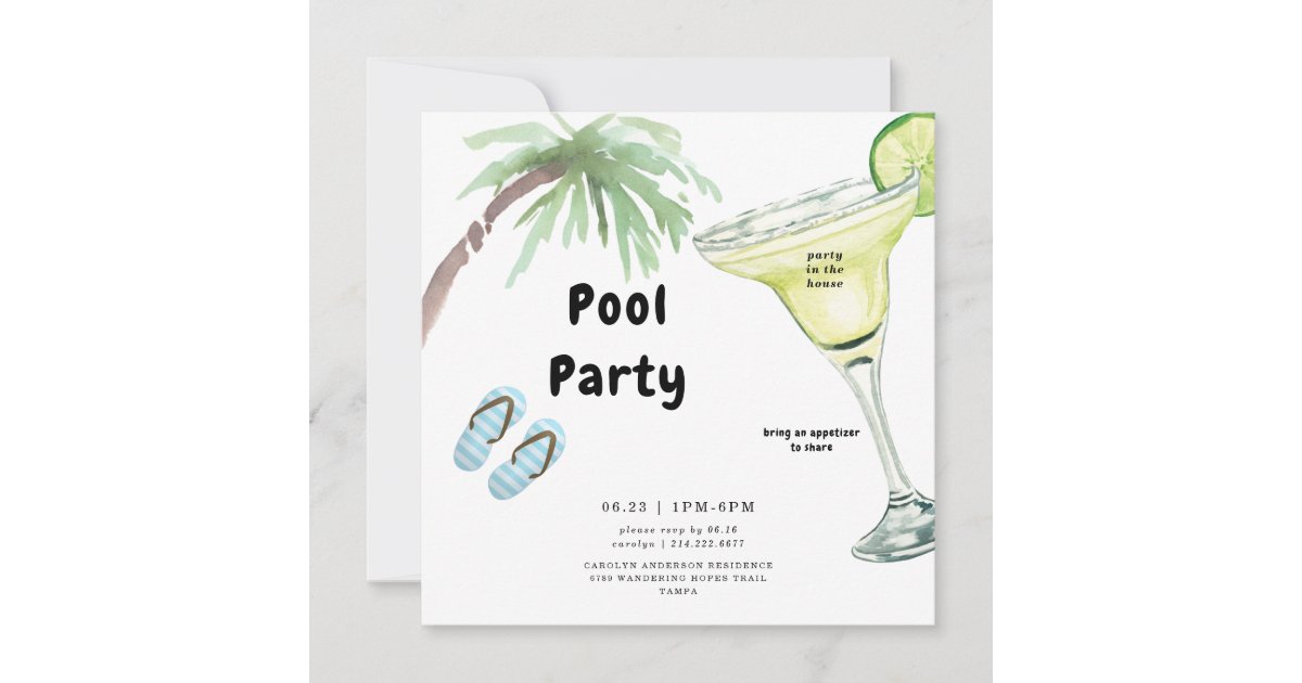 Tropical Palm Tree Margarita White Pool Party Invitation | Zazzle