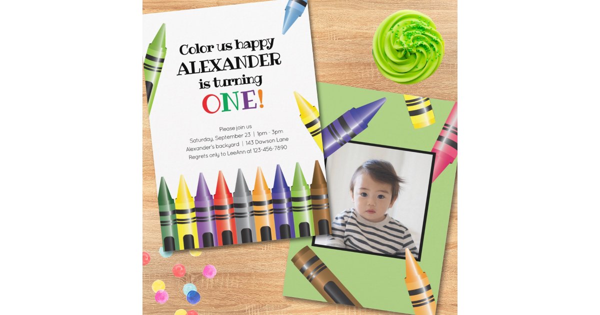 Turning One Crayons Photo 1st Birthday Invitation | Zazzle