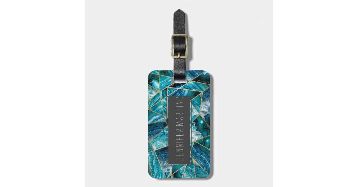 Turquoise Blue Agate Black Gold Geometric Triangle Luggage Tag | Zazzle