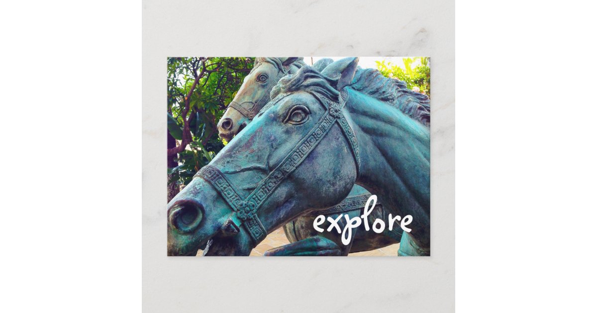Turquoise Horses Antique Statue Explore Script Postcard | Zazzle