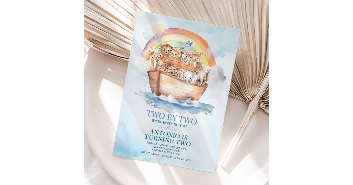 Two By Two Noah's Ark Blue Watercolor 2nd Birthday Invitation | Zazzle