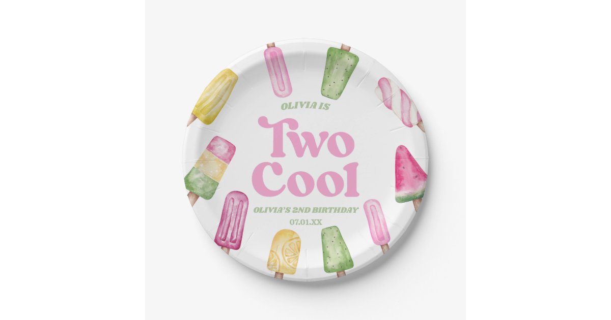 Two Cool Pink Retro Popsicle 2nd Birthday Party Paper Plate | Zazzle