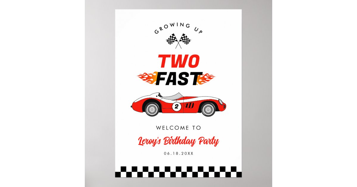 Two Fast Vintage Race Car Boy 2nd Birthday Welcome Poster | Zazzle