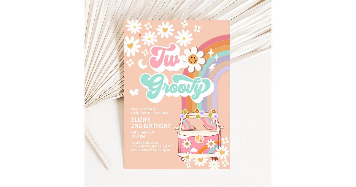Two Groovy Pink Daisy Rainbow Van 2nd Birthday Invitation | Zazzle