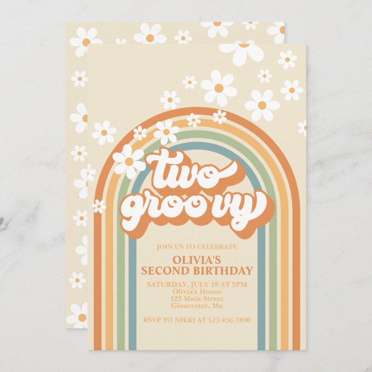 Two Groovy Retro Rainbow Daisy Birthday Invitation | Zazzle