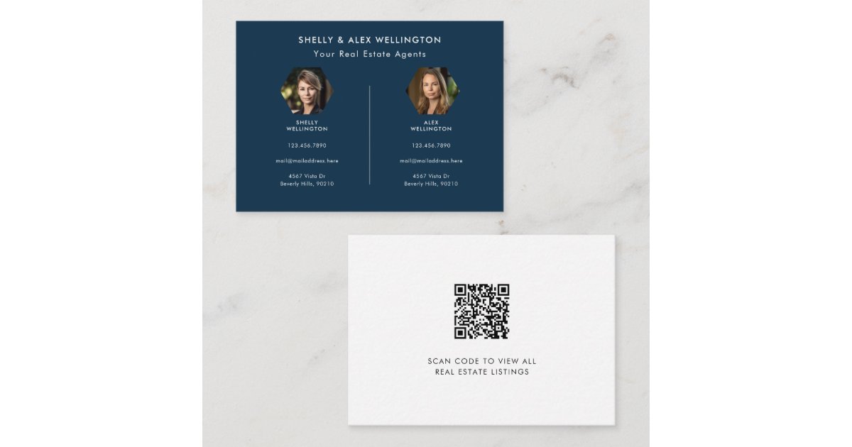 Two Person Blue Custom QR Code Photo Real Estate Business Card | Zazzle