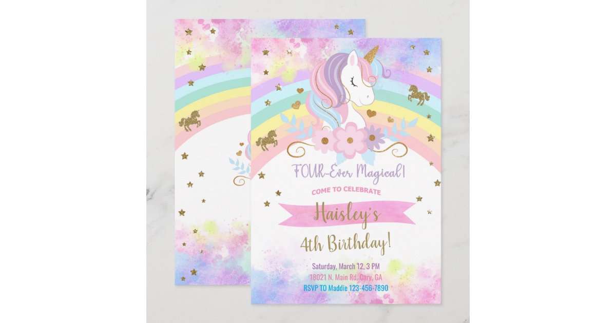 Unicorn four-ever magical birthday invitation. invitation | Zazzle
