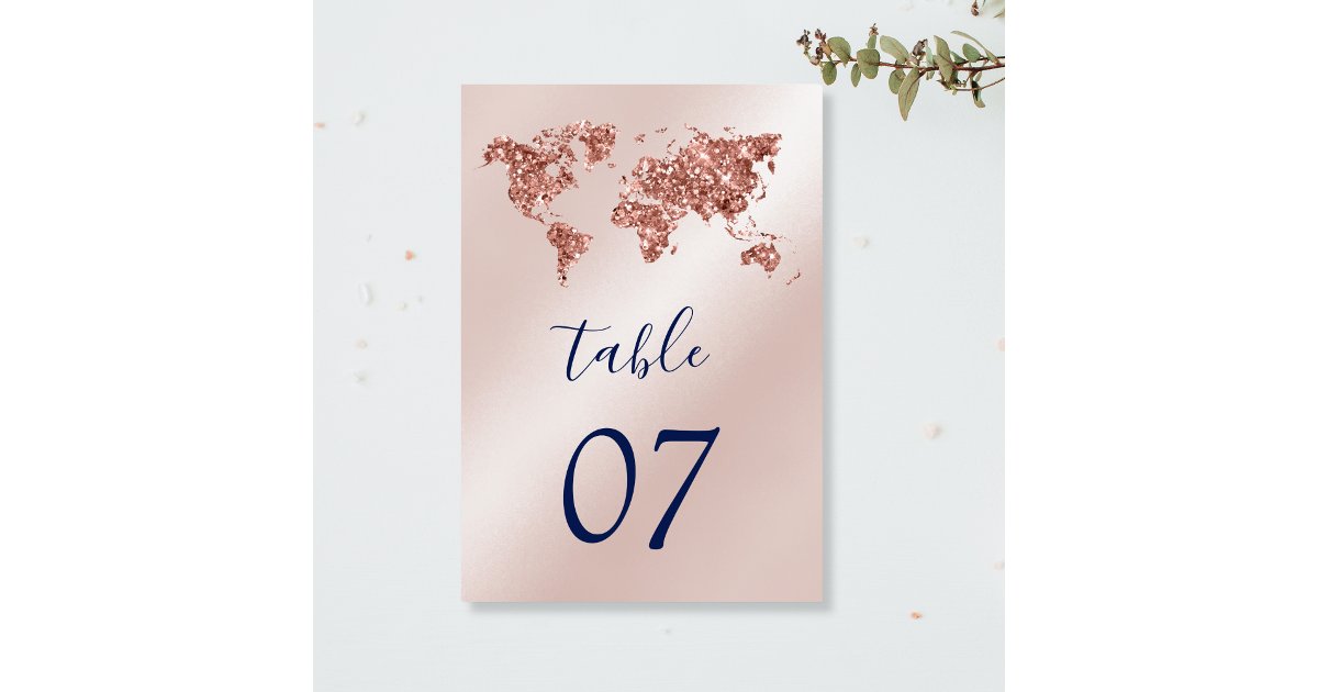 Unique Destination Wedding Rose Gold World Map Table Number | Zazzle