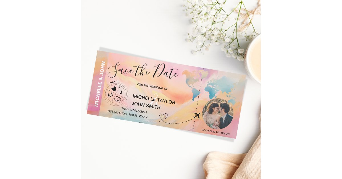 Unique Photo Save the Date Boarding Pass World Map Invitation | Zazzle