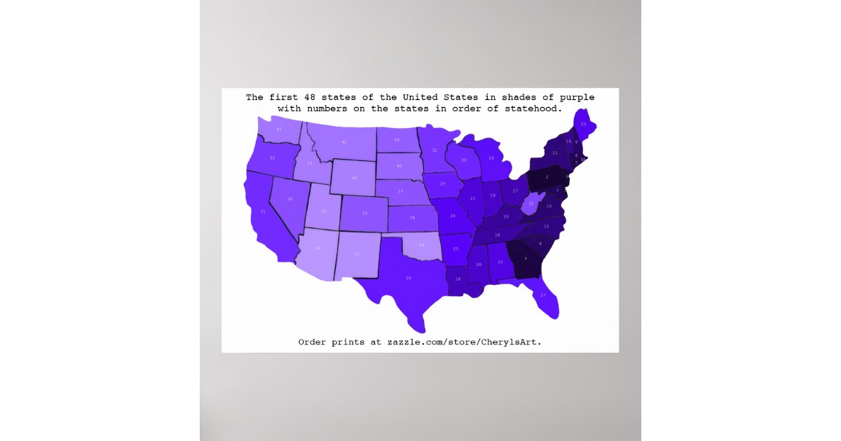 United States Order of Statehood Map with Numbers Poster | Zazzle