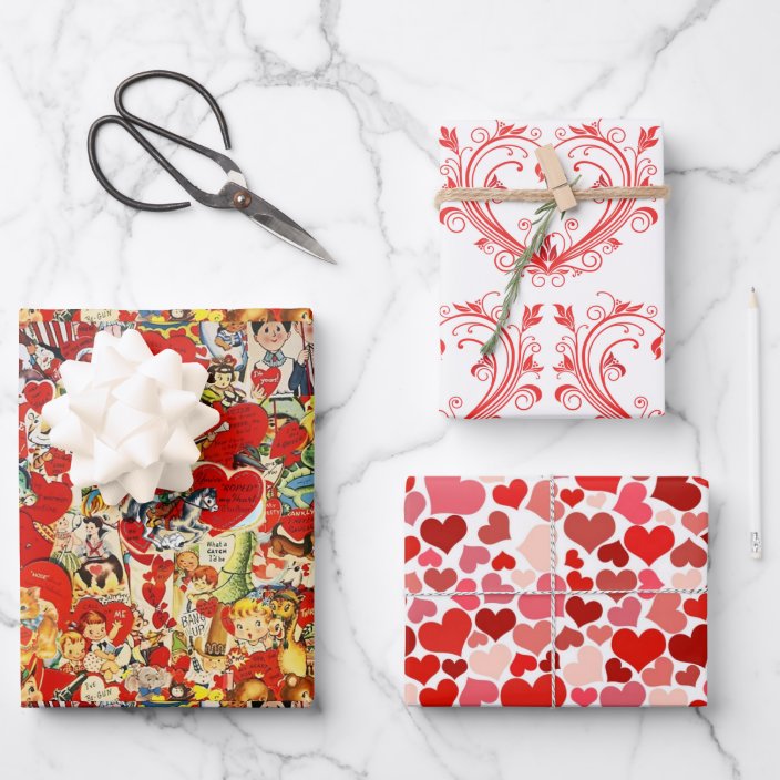 Valentine's Day Hearts Vintage Cards 3 Pretty Wrapping Paper Sheet ...