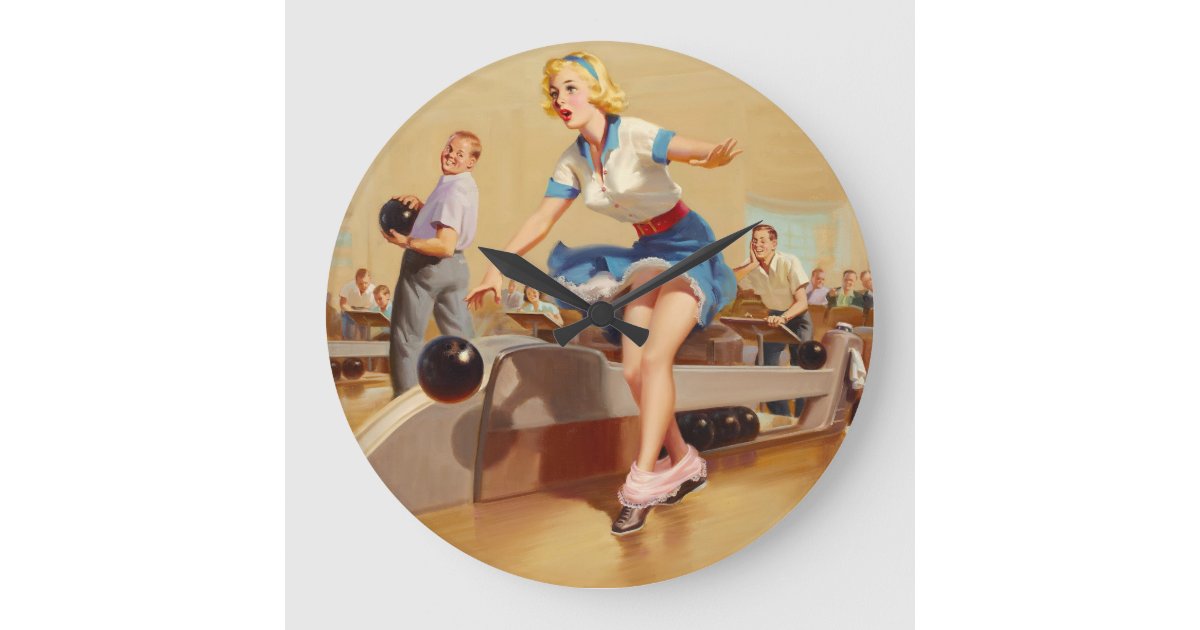 Vintage bowling pinup girl large clock | Zazzle