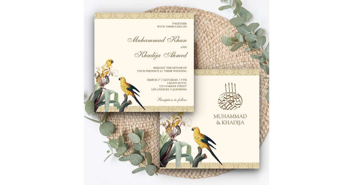 Vintage Cute Yellow Parrots Islamic Muslim Wedding Invitation | Zazzle