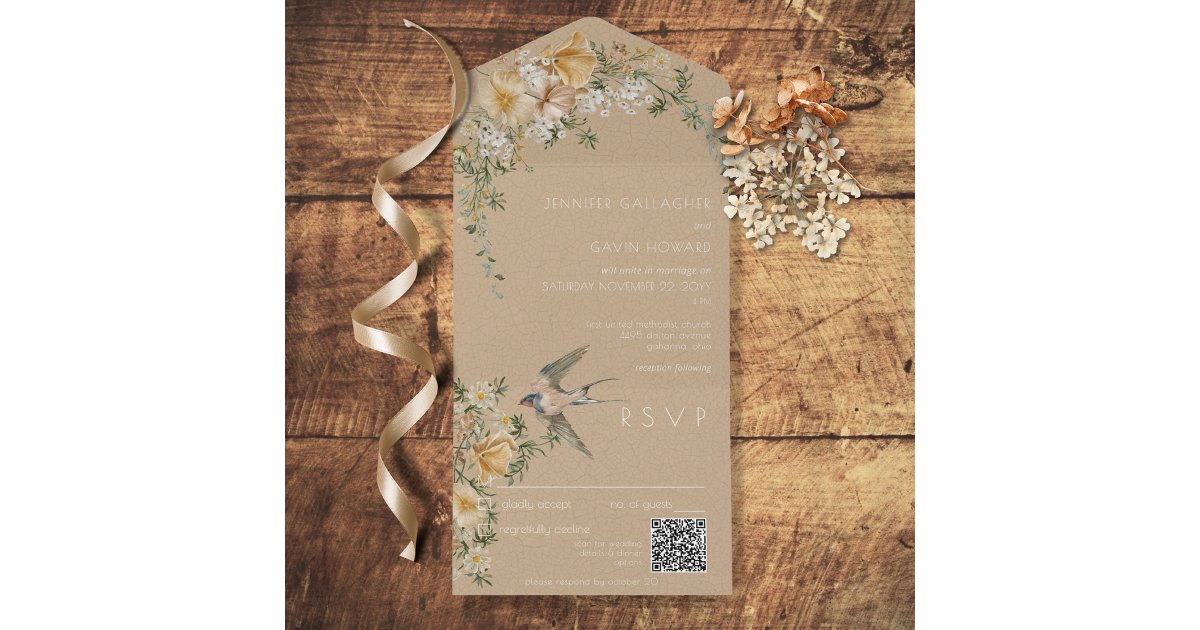 Vintage Floral Bird Tan QR Code All In One Invitation | Zazzle