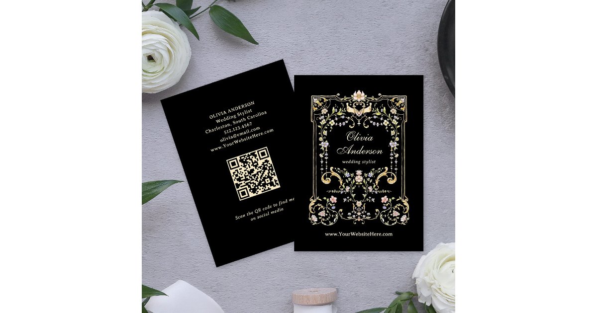 Vintage Garden Black | Colourful and Luxe QR Code Business Card | Zazzle