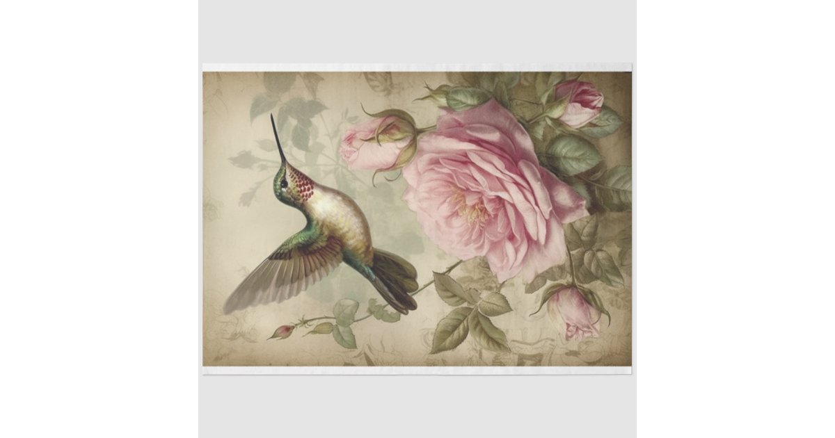 Vintage Hummingbird and Pink Roses Decoupage Tissue Paper | Zazzle