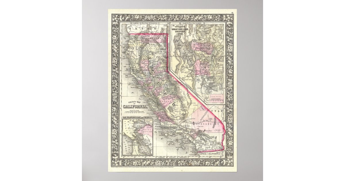Vintage Map of California, 1866 Poster | Zazzle