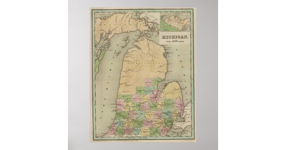 Vintage Map of Michigan (1838) Poster | Zazzle