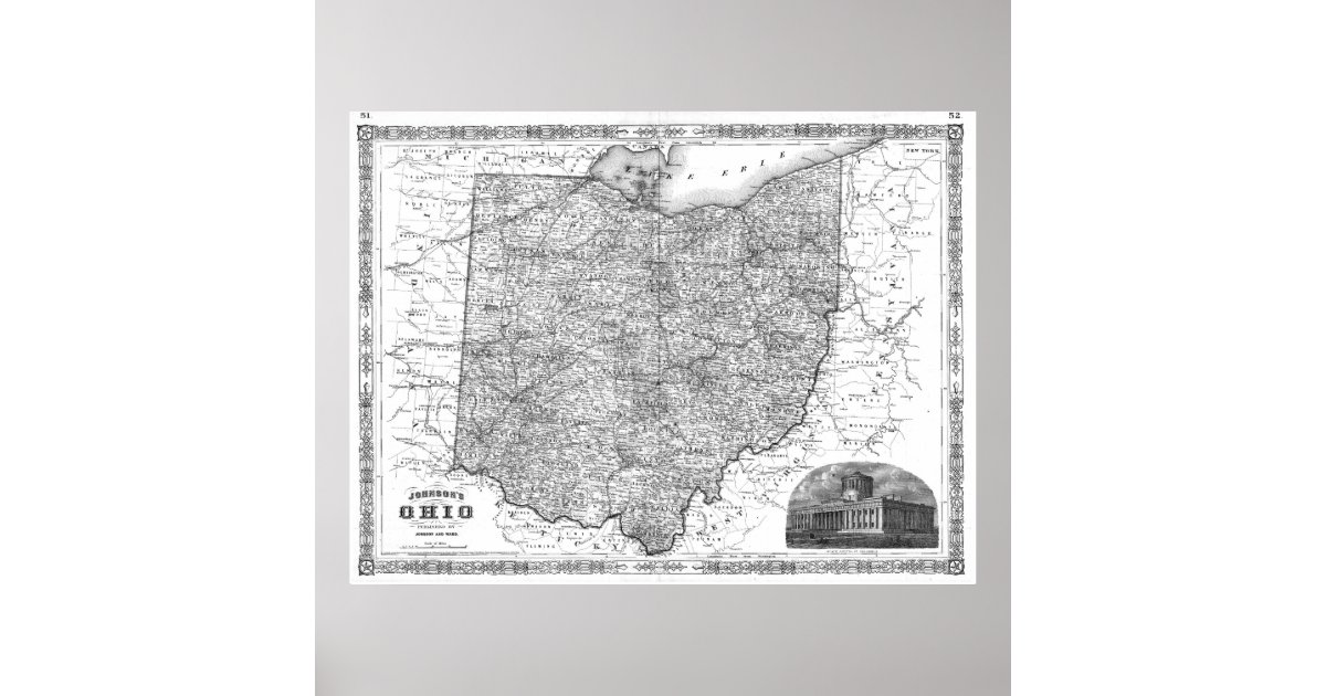 Vintage Map of Ohio (1864) BW Poster | Zazzle