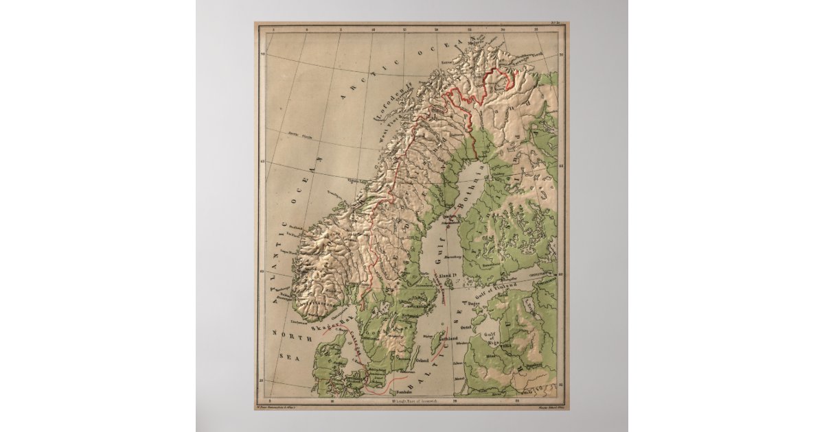 Vintage Physical Map of Norway and Sweden (1880) Poster | Zazzle