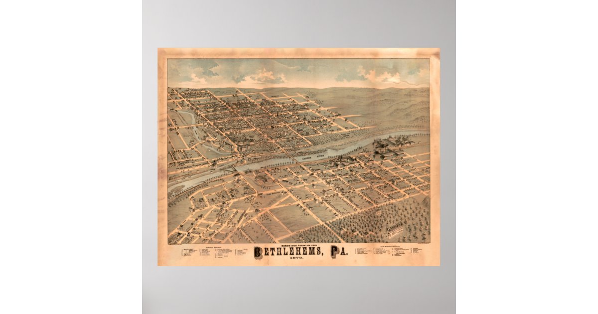 Vintage Pictorial Map of Bethlehem PA (1878) Poster | Zazzle