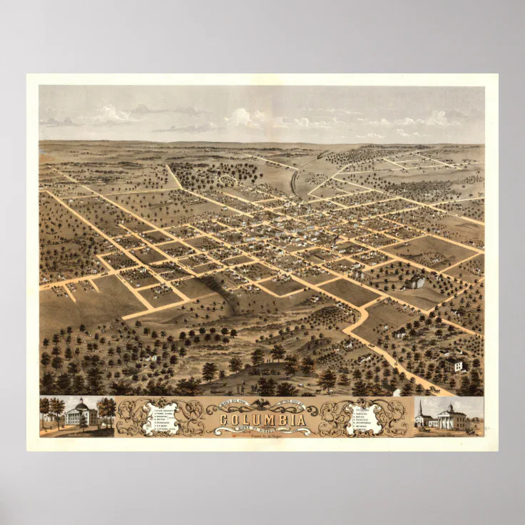 Vintage Pictorial Map of Columbia MO (1869) Poster | Zazzle