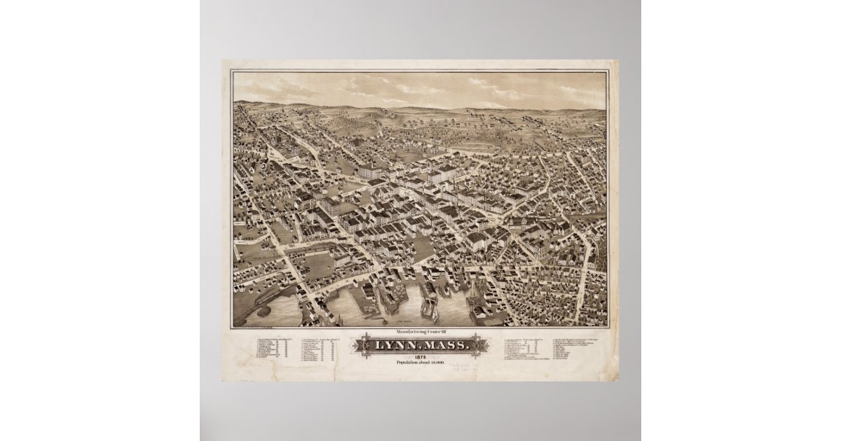 Vintage Pictorial Map of Lynn MA (1879) Poster | Zazzle