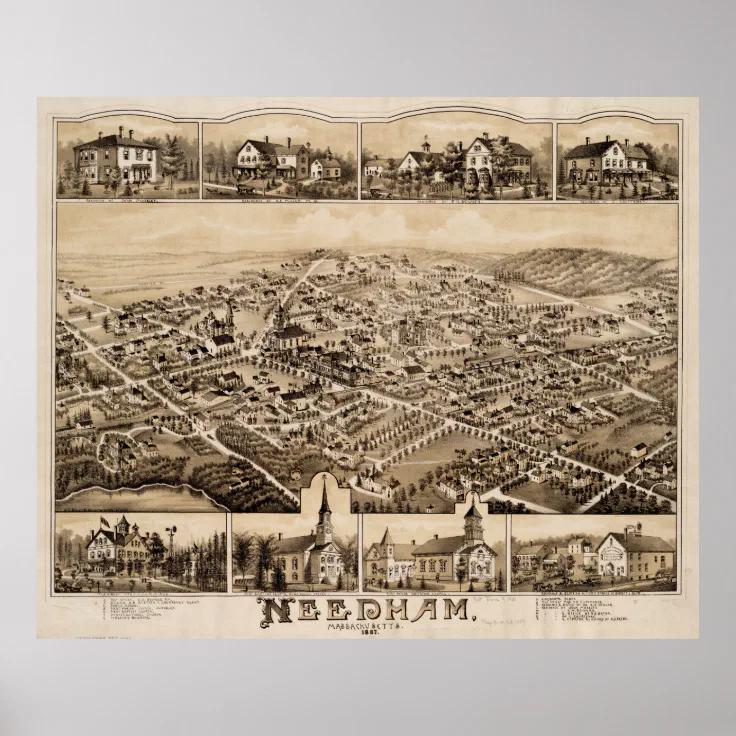 Vintage Pictorial Map of Needham MA (1887) Poster | Zazzle