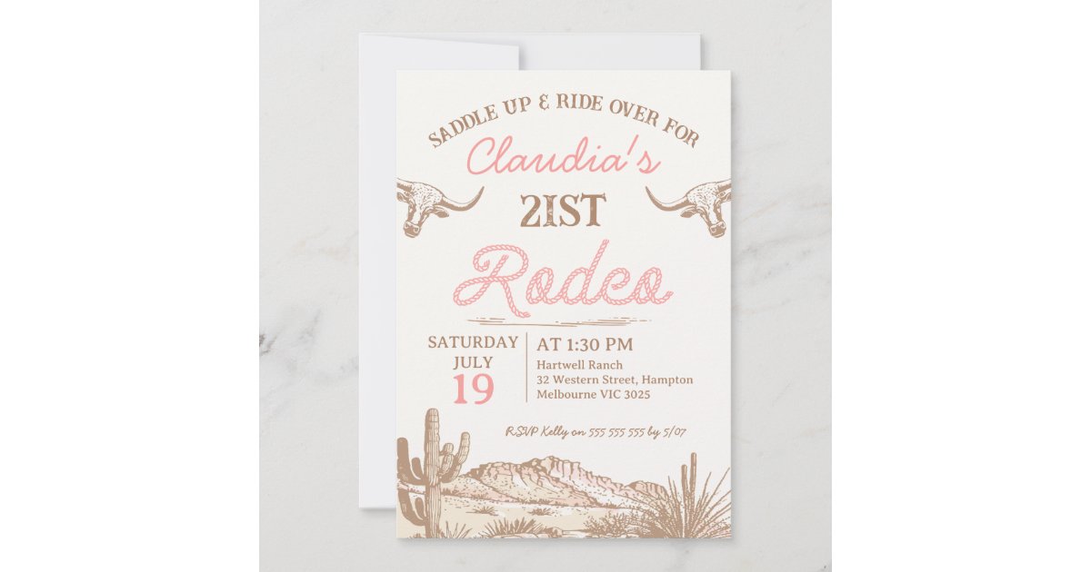 Vintage Pink Girls First Rodeo 21st Birthday Invitation | Zazzle