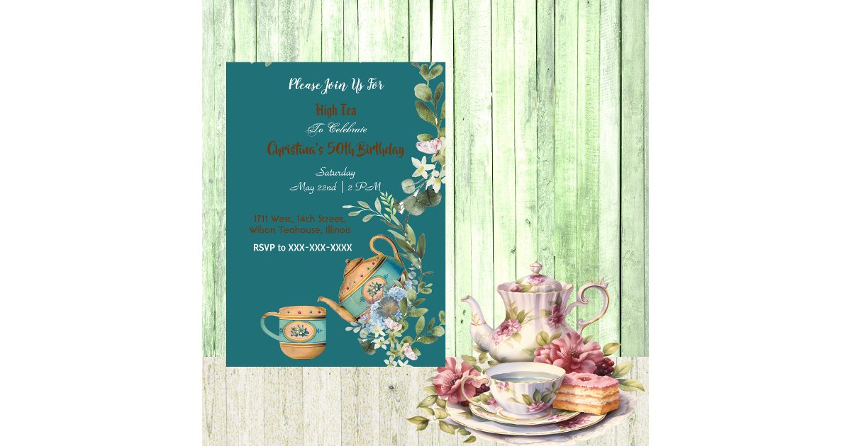 Vintage Teapot Floral Afternoon High Tea Birthday Invitation | Zazzle