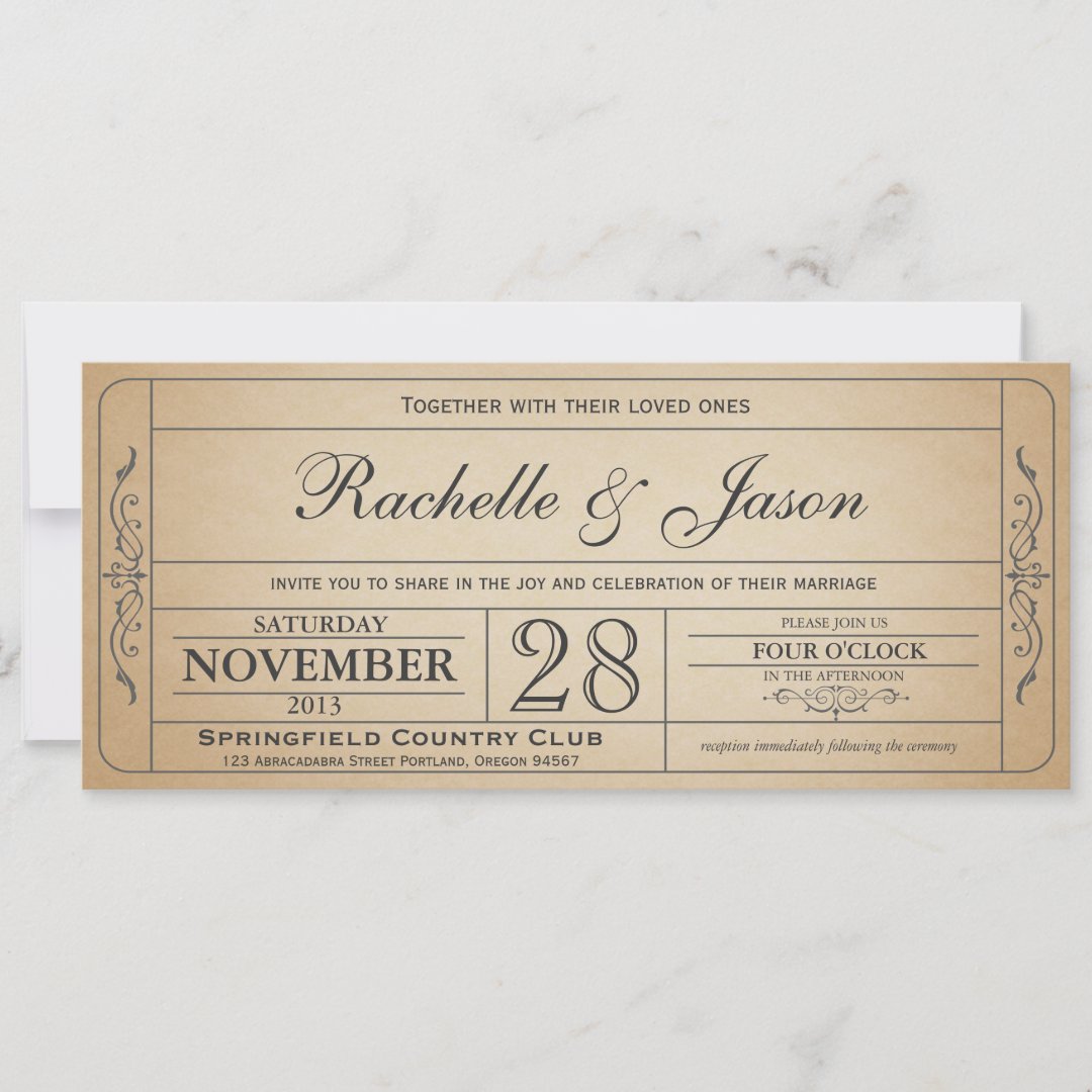 Vintage Wedding Ticket Invitation | Zazzle