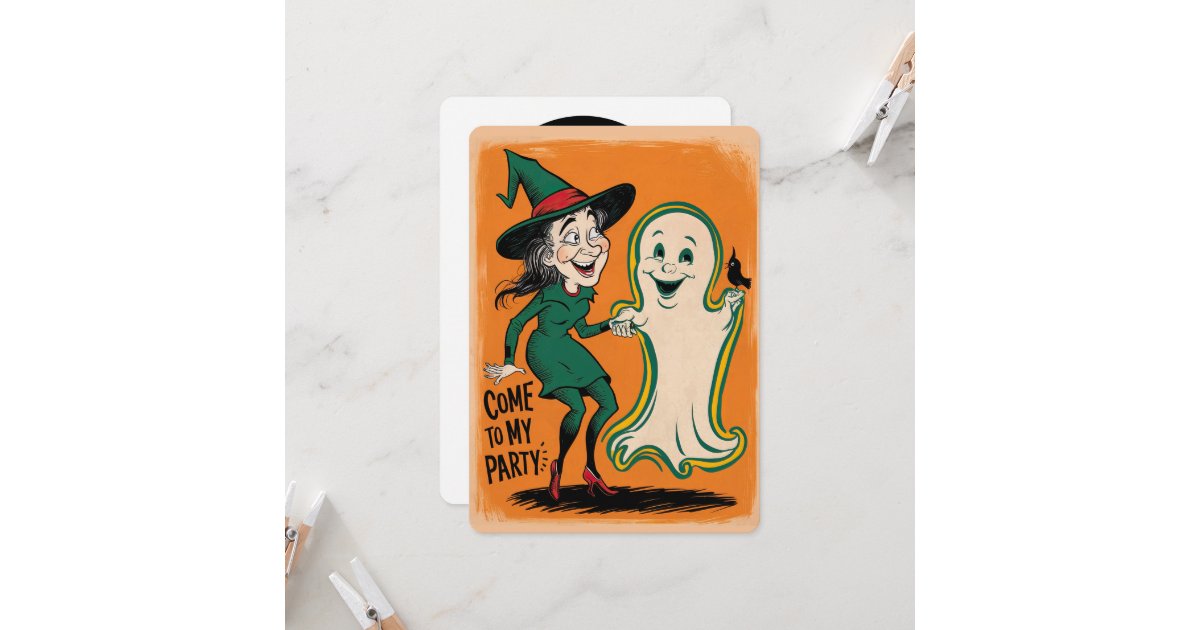 Vintage Witch and Ghost Halloween Party Invitation | Zazzle
