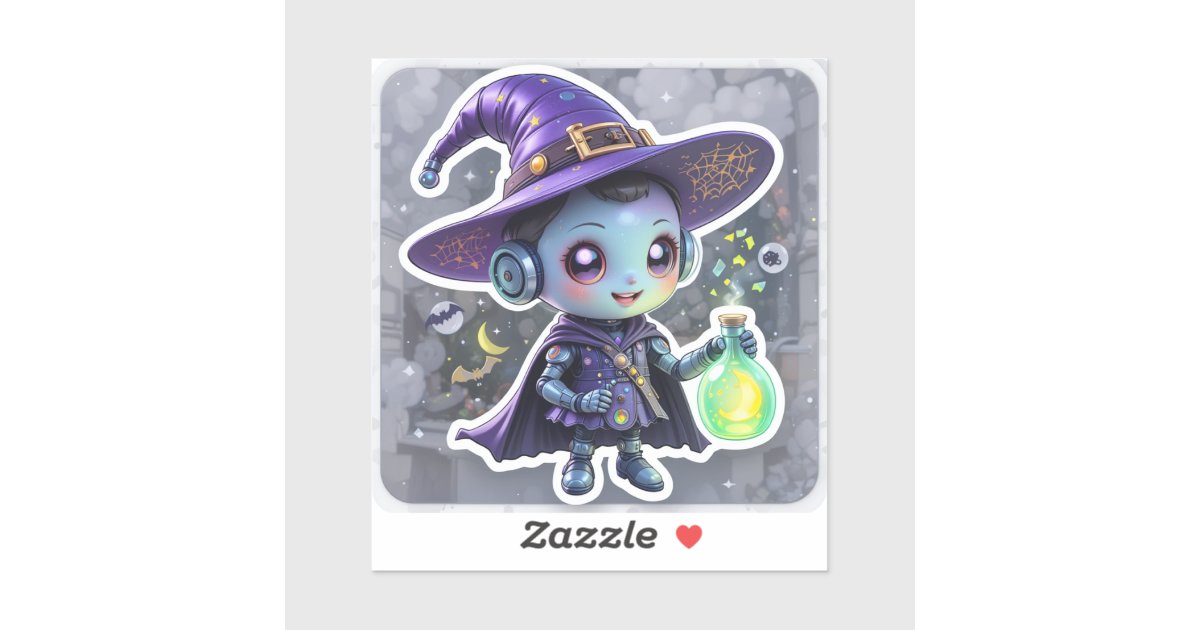 Vinyl Sticker Kawaii Witch Robot with Magic Potion | Zazzle