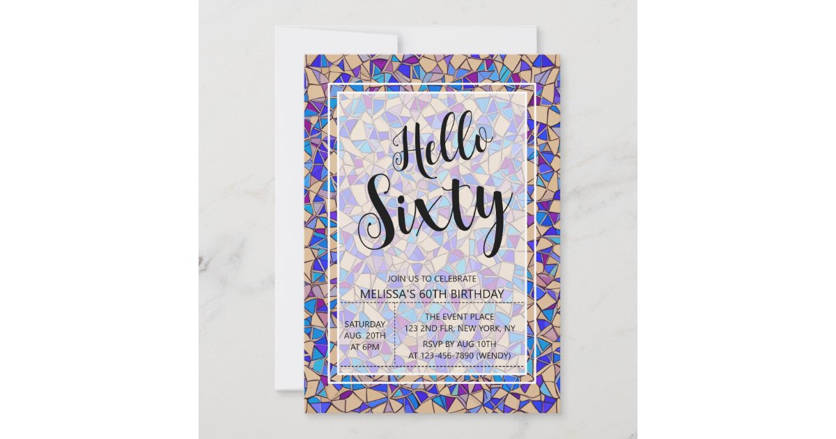 Violet Blue Mosaic Hello Sixty 60th Birthday Invitation | Zazzle