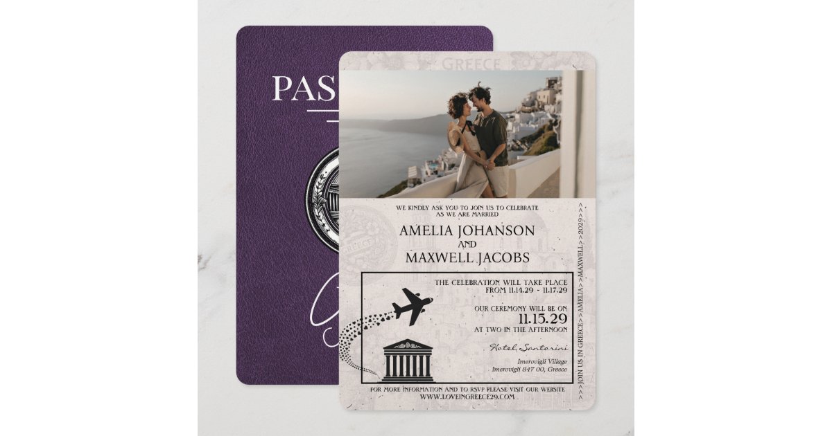 Violet Purple Greece Passport Wedding Invitation | Zazzle